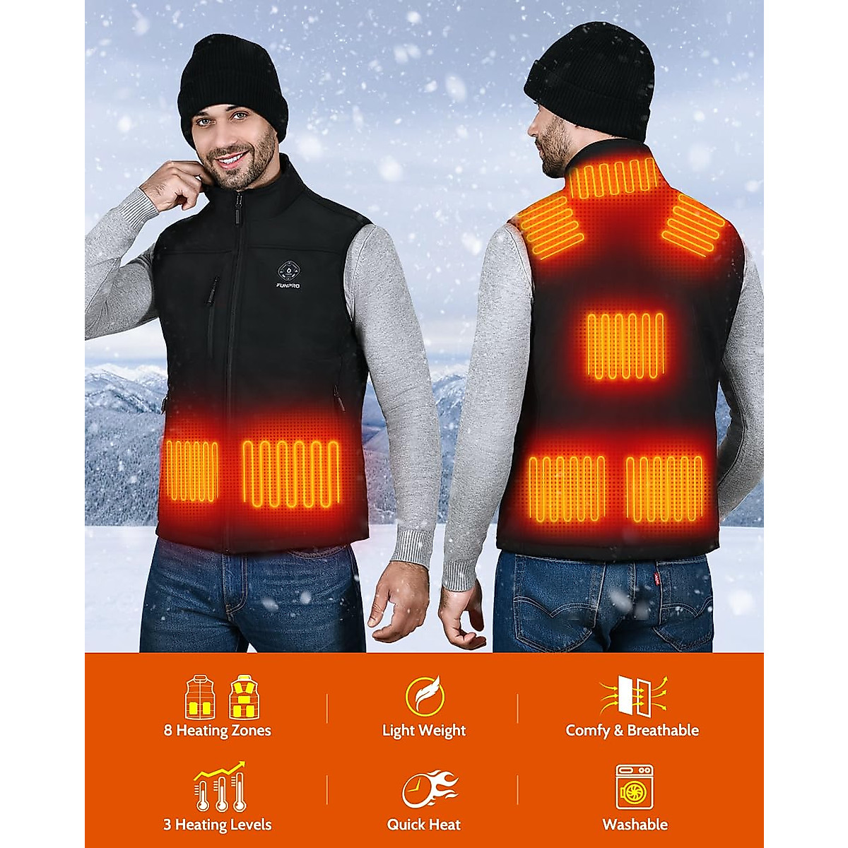 FUNPRO Heated Vest for Men Women, Windproof Electric Heating Vest, Softshell Sleeveless Sports Jacket, Battery Not Included