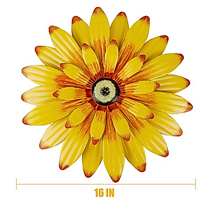 Juegoal 2 Pack 16" Large Metal Flowers Wall Art Inspirational Daisy Wall Decor Sunflower Hanging for Indoor Outdoor Home Bedroom Living Room Office Garden, White & Yellow