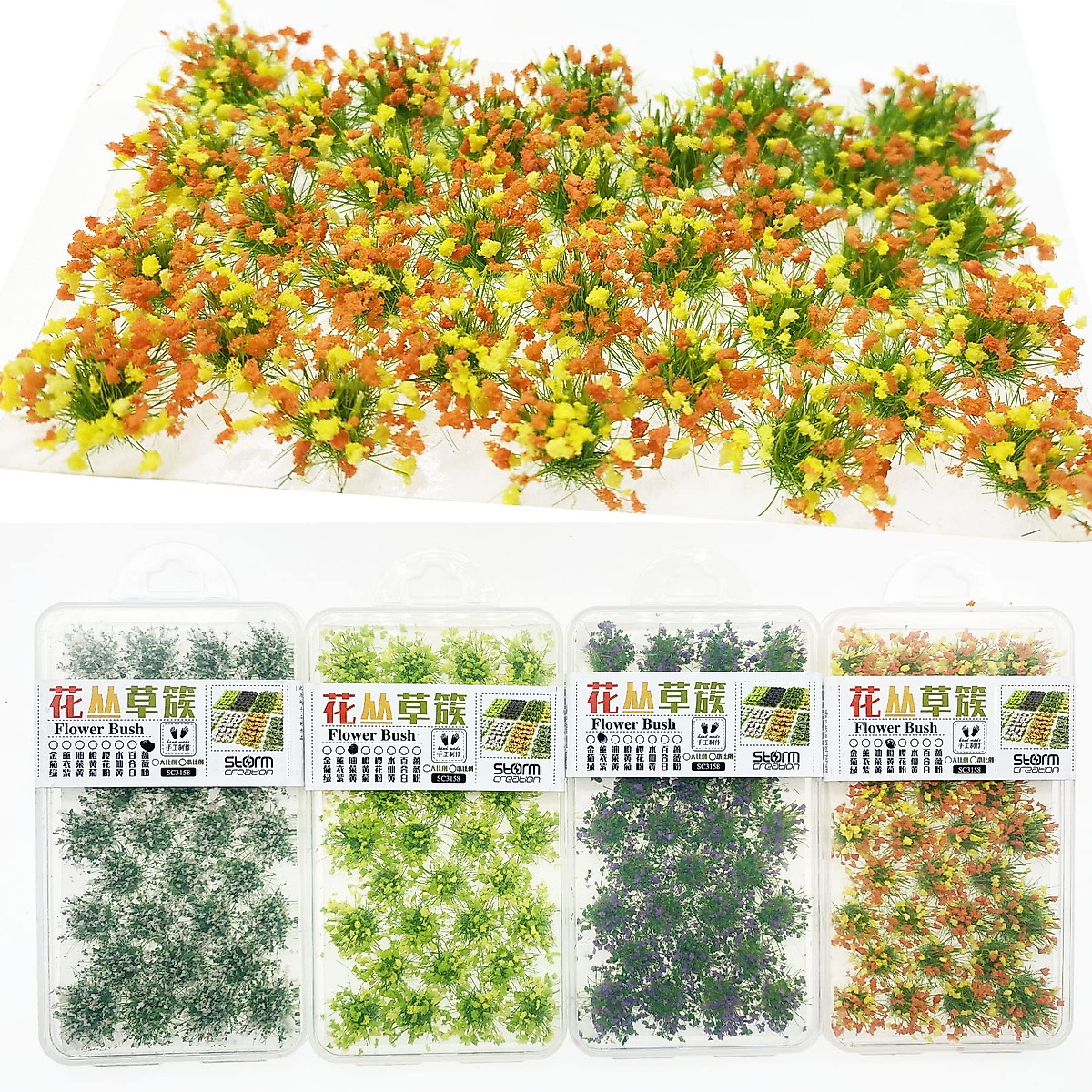 Cayway 128 PCS Miniature Colorful Flower Cluster, 4 Color Static Grass Tuft Model Grass Tufts Flower Vegetation Groups Static Grass Tufts for DIY Model Train Landscape Railroad Scenery