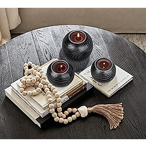 Vixdonos Wood Rustic Tea Light Candle Holder Set of 3 Black Round Votive Candle Holders with Elegant Carved Tree Texture