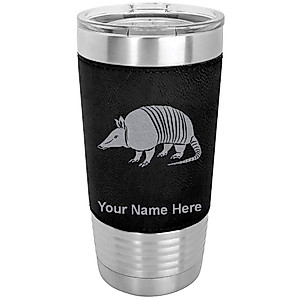 LaserGram 20oz Vacuum Insulated Tumbler Mug, Armadillo, Personalized Engraving Included (Faux Leather, Black)