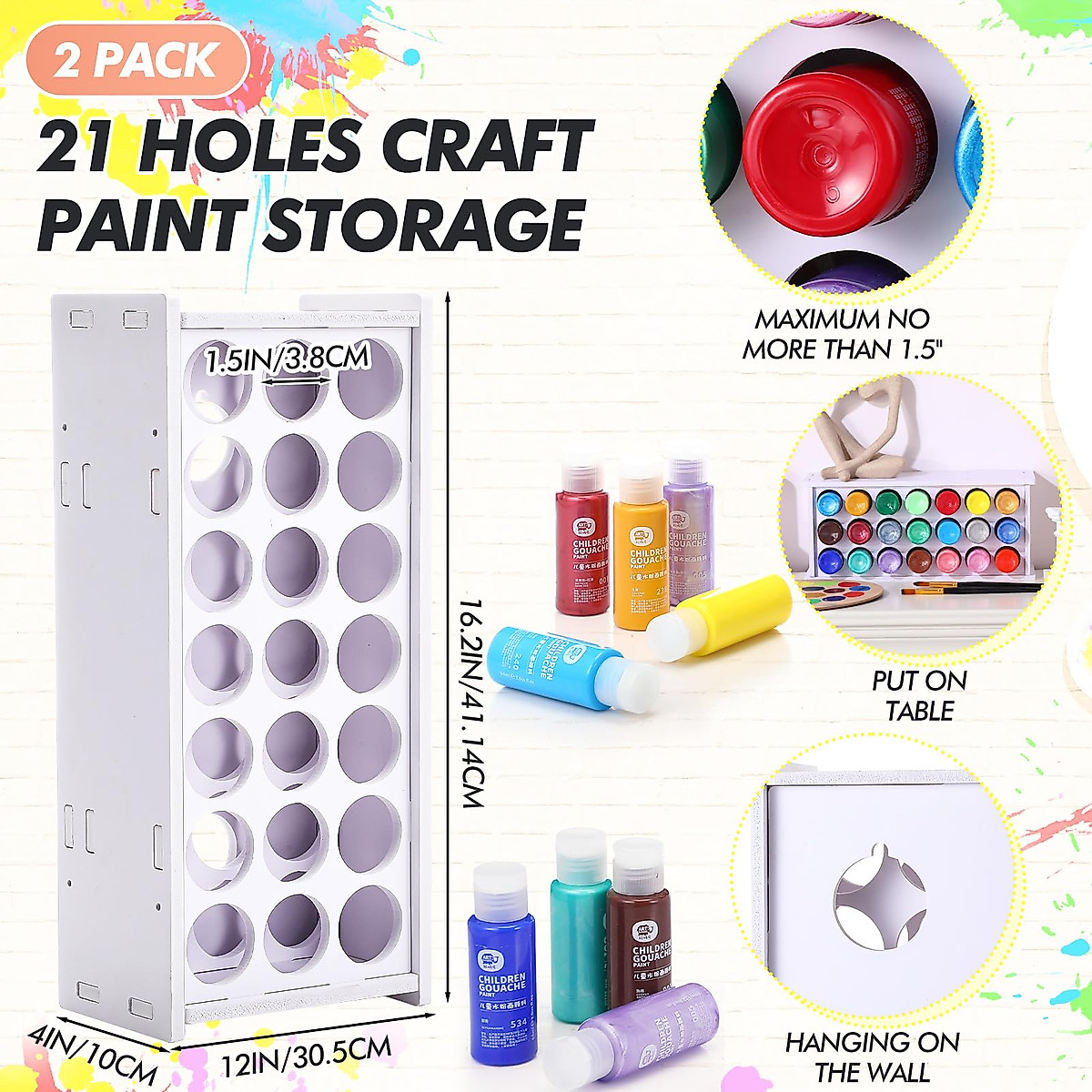 Hicarer 2 Pcs 21 Holes Craft Paint Storage Organizer Vertical Paint Rack Stand Paint Storage Containers Wall Mounted Paint Holder Removable Paint Organizer Box for 2oz Paint Bottle Art Supplies