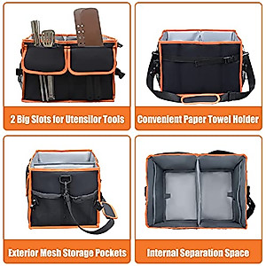 Amerbro Large Grill Caddy with Paper Towel Holder - BBQ Caddy Organizer for Utensil, Condiment - Easy Carry Picnic Caddy - Griddle Caddy for Camping, Travel, RV - 600D Waterproof Oxford Fabric