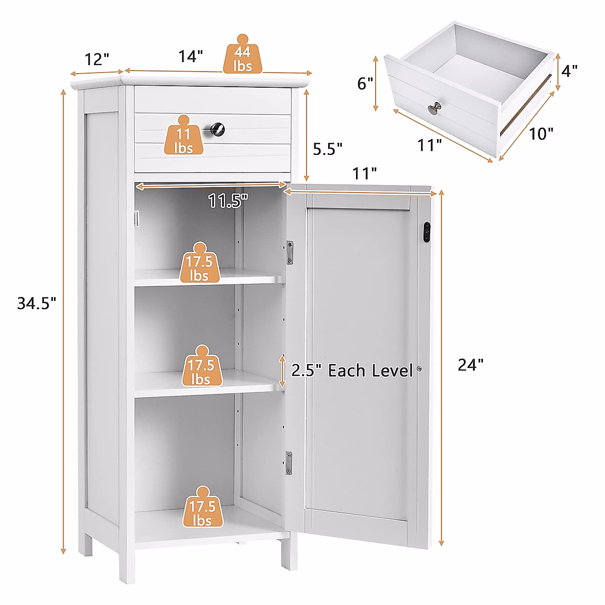 COSTWAY Bathroom Storage Cabinet, Single Door Floor Cabinet with Drawer and 3-Level Adjustable Shelves, Modern Side Storage Organizer with Anti-Tipping Device for Living Room, Bedroom (White)