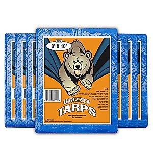 Grizzly Tarps by B-Air 8' x 10' Large Multi-Purpose Waterproof Heavy Duty Poly Tarp with Grommets Every 36", 8x8 Weave, 5 Mil Thick, for Home, Boats, Cars, Camping, Protective Cover, Pack of 4, Blue