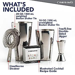4pc Boston Cocktail Shaker Set - Bartender Kit with Martini Drink Shaker & Cocktail Set Bar Accessories: 28oz / 18oz Martini Shaker, Strainer, Jigger & Recipe Guide - Cocktail Mixer Bar Set - Cresimo