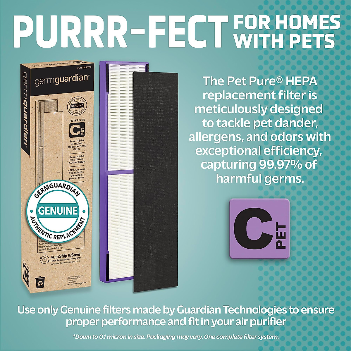 GermGuardian Filter C Pet Pure HEPA Genuine Air Purifier Replacement Filter, Removes 99.97% of Pollutants, for AC5000, AC5250, AC5300, AC5350, CDAP5500, AP2800, 2-Pack, Black/Purple, FLT5250PT2PK