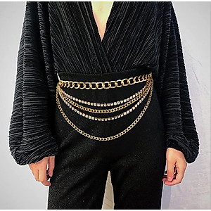 Glamorstar Multilayer Chain Belts for Women Rhinestone Waist Belt Punk Gorgeous Chain for Ladies Dresses Gold 130CM