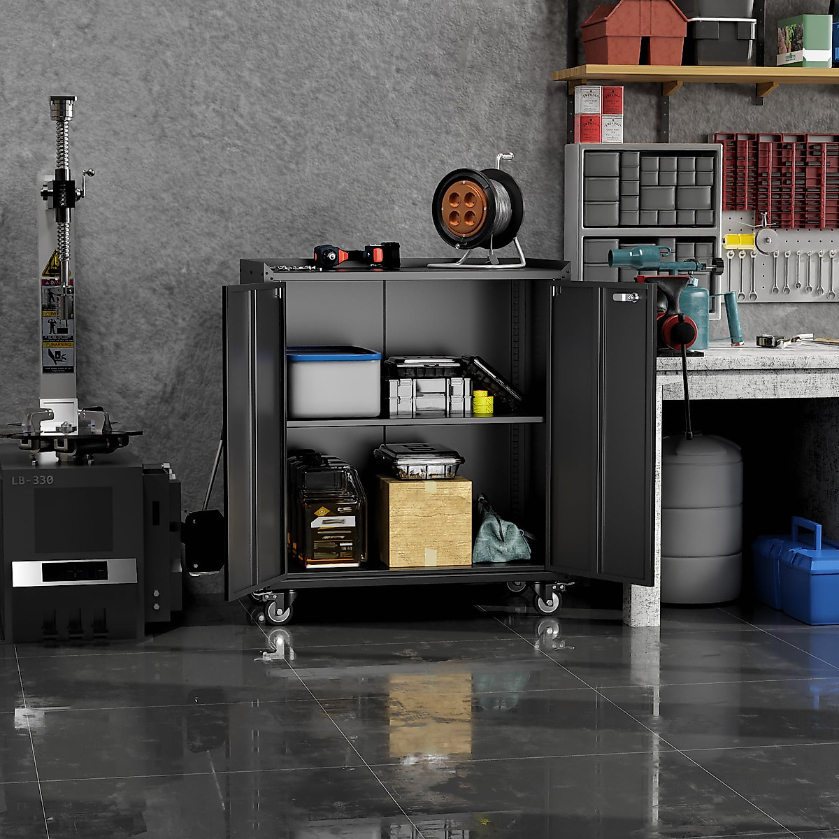 JAORD Metal Storage Cabinet on Wheels, Tool Cabinets for Garage, Garage Rolling Cabinet, Roling Garage Storage Cabinet, Lockable Storage Cabinet with Wheels for Home, Office, Assembly Required (Black)