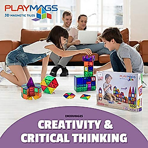 Playmags 100-Piece Magnetic Tiles Building Blocks Set, 3D Magnet Tiles for Kids Boys Girls, Educational STEM Toys for Toddlers