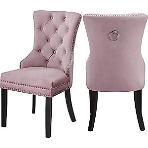 Meridian Furniture Nikki Collection Modern | Contemporary Velvet Upholstered Dining Chair with Wood Legs, Button Tufting, and Chrome Nailhead Trim, Set of 2, 23" W x 23" D x 40" H, Pink