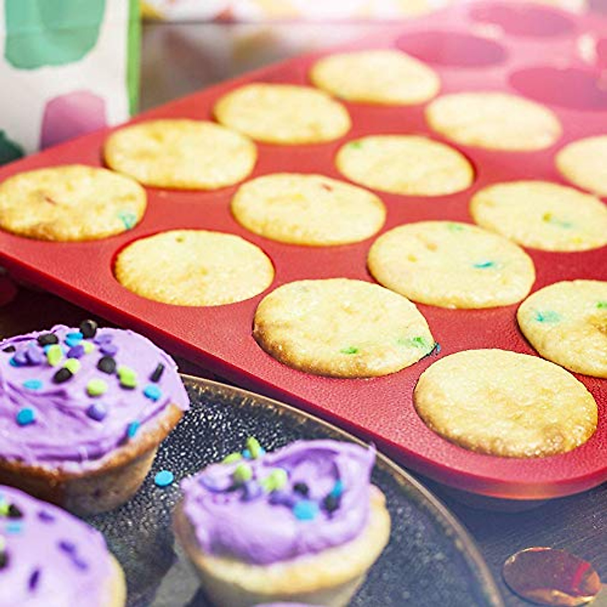 E KAINI 24 Cup Silicone Muffin Mini Cupcak Reusable Tope Baking Pan Set Non Stick cake molds/Dishwasher - Microwave Safe
