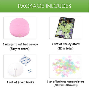 Lamdgbway Bed Canopy for Girls Glow in The Dark Stars and Moon Princess Mosquito Net Crib Hanging Tent Gift for Kids Birthday Bedroom Decor Pink