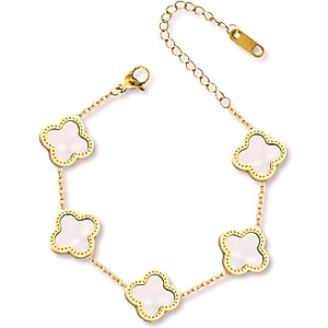 Four Leaf Clover Bracelet for Women 18K Gold Plated Stainless Steel 4 Leaf Lucky Link Bracelet Jewelry Gift for Mother and Daughter (White Gold)