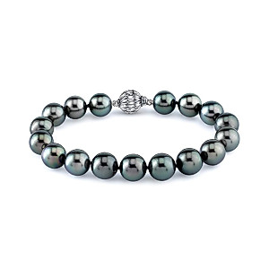 The Pearl Source 14K Gold 10-11mm Round Genuine Black Tahitian South Sea Cultured Pearl Bracelet for Women