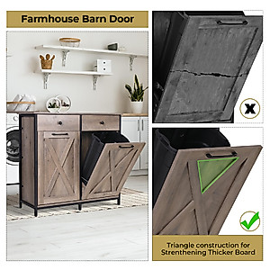 Arlopu Double Tilt Out Trash Cabinet, 20 Gallon Pet Proof Kitchen Pull Out Recycle Cabinet, Freestanding Wooden Laundry Sorter Cabinet, W/Drawer, Barn Door, for Home, Living Room, (Greige)