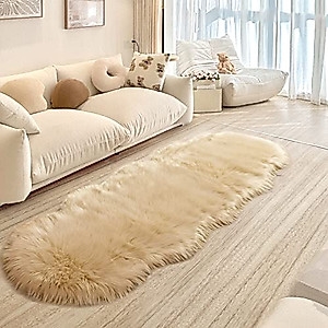 SERISSA Ultra Soft Fluffy Rug Beige Faux Sheepskin Fur Area Rug Shaggy Couch Cover Seat Cushion Furry Carpet Beside Rugs for Bedroom Floor Sofa Living Room Runner, 2x6 Feet (Sheepskin Shape,Beige)