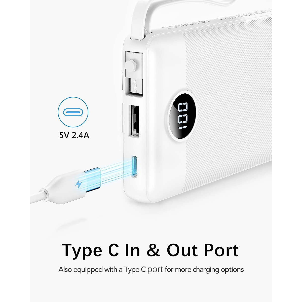 VRURC Portable Charger 10000mAh, Slim LED Display Power Bank, 5 Output 2 Input Cell Phone Battery Pack, Built-in Micro & USB C Cables Phone Charger Compatible with iPhone,Samsung,Android-White(1 Pack)