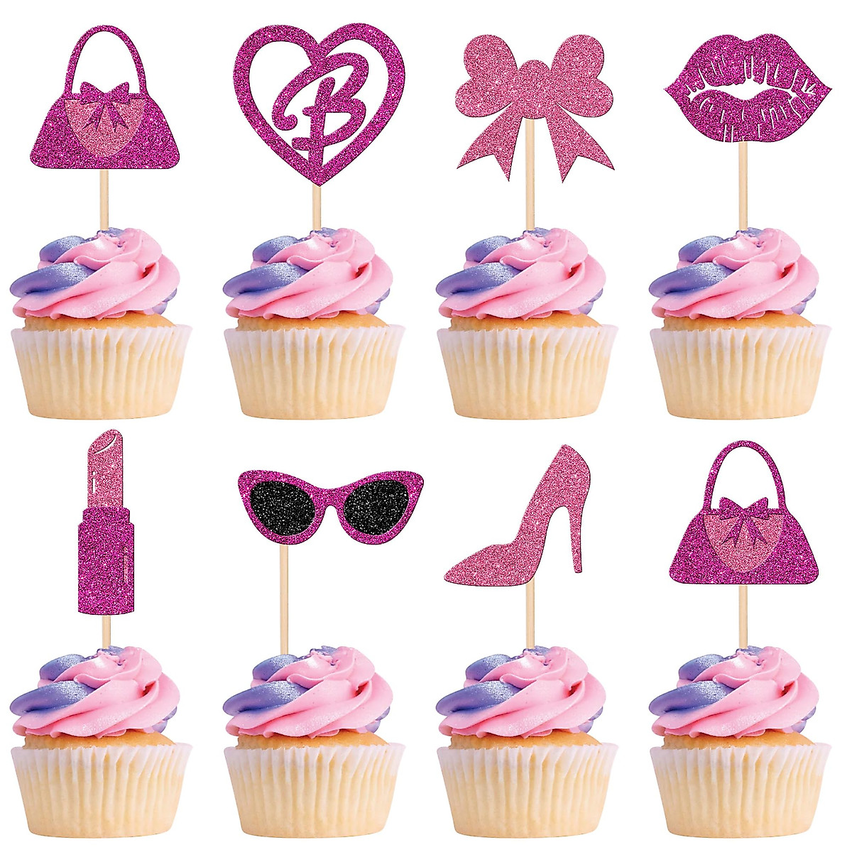 24 PCS Princess Cupcake Toppers Glitter Pink Girl Cupcake Picks Handbag Glasses Bow Lipstick Tie High Heel Cake Decorations for Wedding Bridal Shower Baby Shower Birthday Party Supplies Rose Red