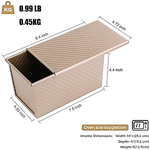 Shlia Pullman Loaf Pan with Lid Non-Stick Carbon Steel Bread Toast Mold Box with Cover Corrugated Bakeware for Baking Bread 0.99 lb Dough Capacity (8.4X4.4X4.3INCH) Free 2pcs Cream Spatula