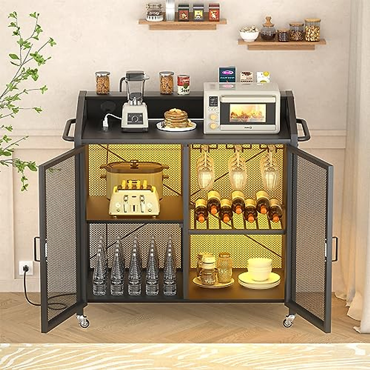 Cyclysio Sideboard Buffet Cabinet with Power Outlets, Wine Bar Cabinet with LED Lights Kitchen Storage Cabinet Modern Accent Buffet Cabinet with Door for Bedroom, Living Room, Kitchen, Office Black