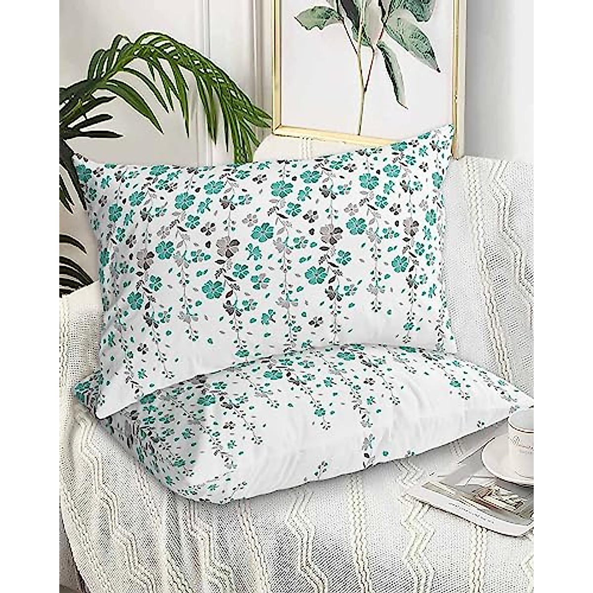 Edwiinsa Weeping Flowers Pillow Covers Standard Size Set of 2 20x26 Bed Pillow, Teal Grey Summer Spring Floral Botanical Art Plush Soft Comfort for Hair/Skin Cooling Pillowcases with Envelop Closure