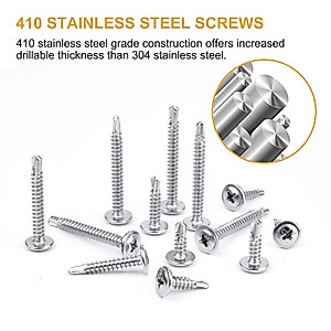 VIGRUE 185Pcs #8 Truss Head Self Tapping Screws, 410 Stainless Steel Low Profile Self Drilling Tek Screw Assortment Kit, Length 1/2'' to 1-1/2''