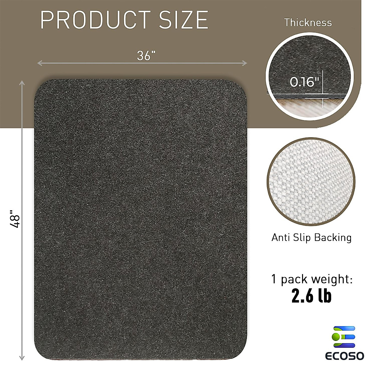 ECOSO Office Chair Mat for Hardwood/Tile Floor,Compressed Fabric Surface, 36"x 48",0.16" Thick, Hard Floor Protector,Anti Slip, Self Adhesive and ECO Friendly, Floor Mat for Office/Home. (Brown)