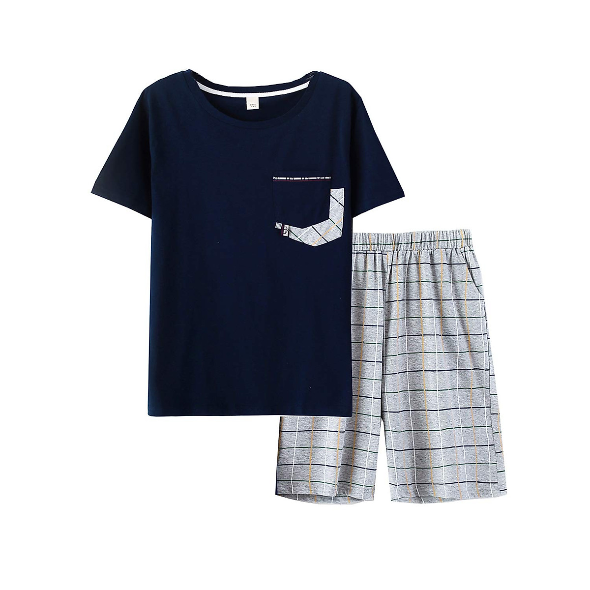 Leisure Home Big Boys Pajamas,Long Plaid Strips Cotton Shorts Tee Shirt Sleepwear Teens 8-18 Years (10-12 Years, BuleGrey), BoyPJS009