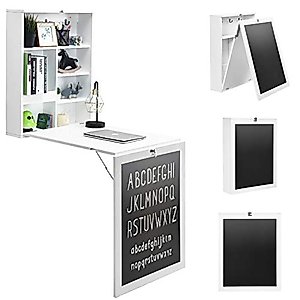 Tangkula Folding Floating Desk with Chalkboard, Wall Mounted Space Saving Fold Up Convertible Table with Storage Shelves & Hooks (White)