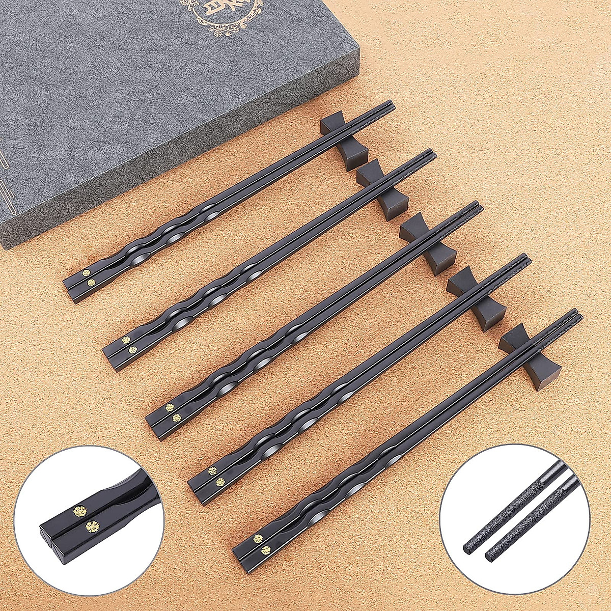 Chopsticks Reusable Chinese Japanese Fiberglass Chopsticks with Holder, Dishwasher Safe, Premium Quality Chopsticks Gift Set(5 pairs)