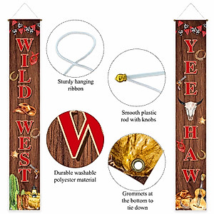 Funnytree Western Cowboy Yee Haw Theme Porch Sign Door Cover Banner for Wild West Cowgirl Birthday Welcome Party Supplies Decorations Flag Hanging Home Wall Decor Sign 11.8x70.9 Inch 2PCS