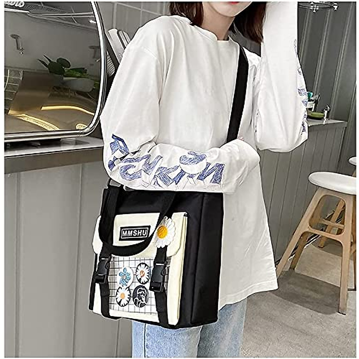 Kawaii School Backpack Sets Canvas Bookbag with Teddy Bear Pendant Pencil Pouch Shoulder Tote Lunch Bag Laptop Schoolbag Daypack Kit Back to School Supplies for Students Girls Boys (Black)