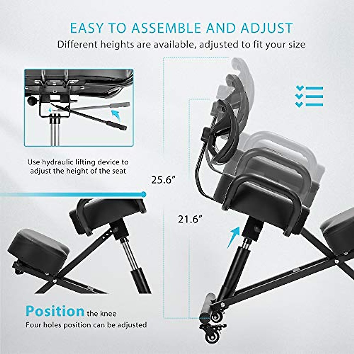 Ergonomic Kneeling Chair with Backrest Adjustable Height with Thick and Comfortable Cushion and Smooth Gliding Casters Correct Sitting Posture Suitable for Home Black