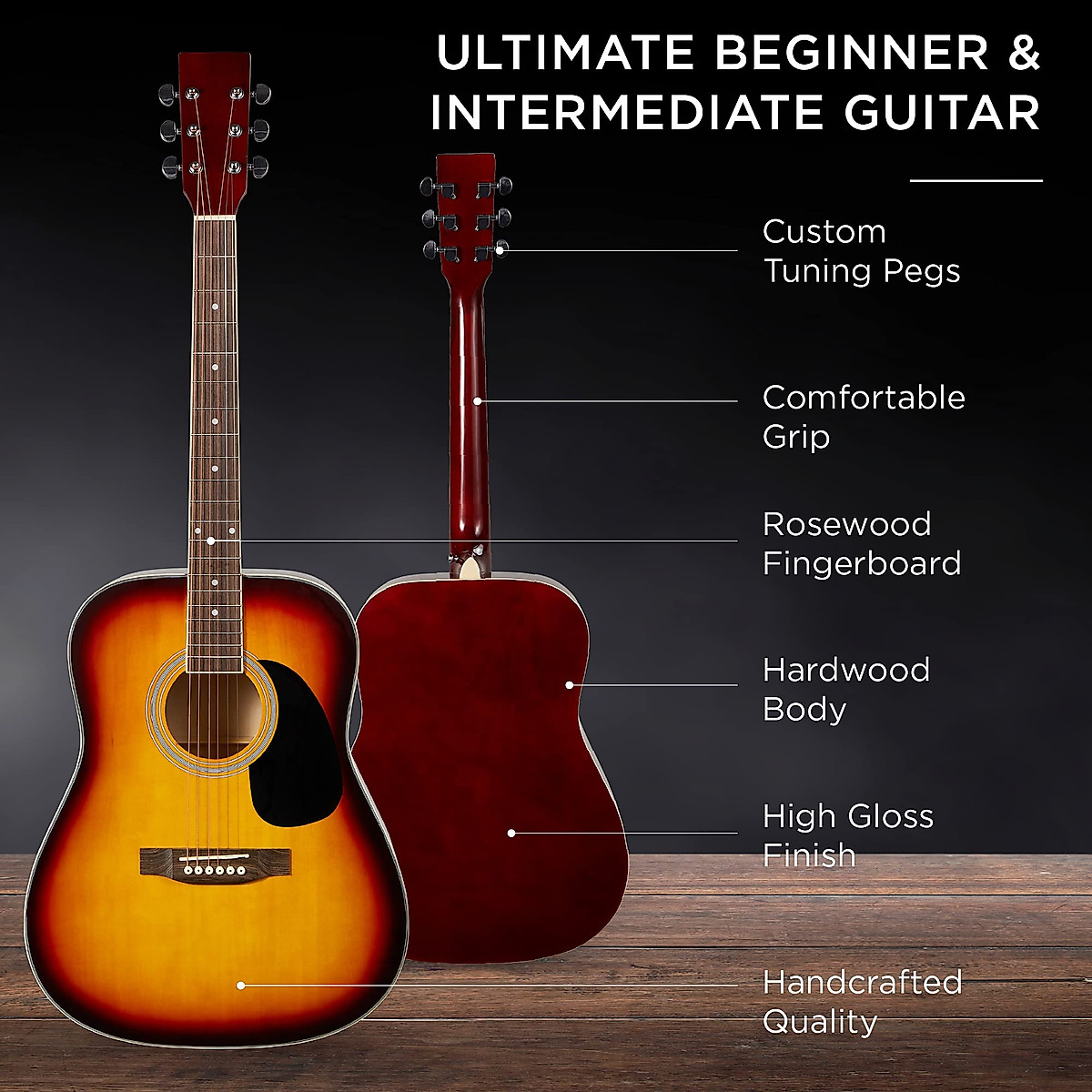Best Choice Products 41in Full Size Beginner All Wood Acoustic Guitar Starter Set w/Case, Strap, Capo, Strings, Picks - Sunburst