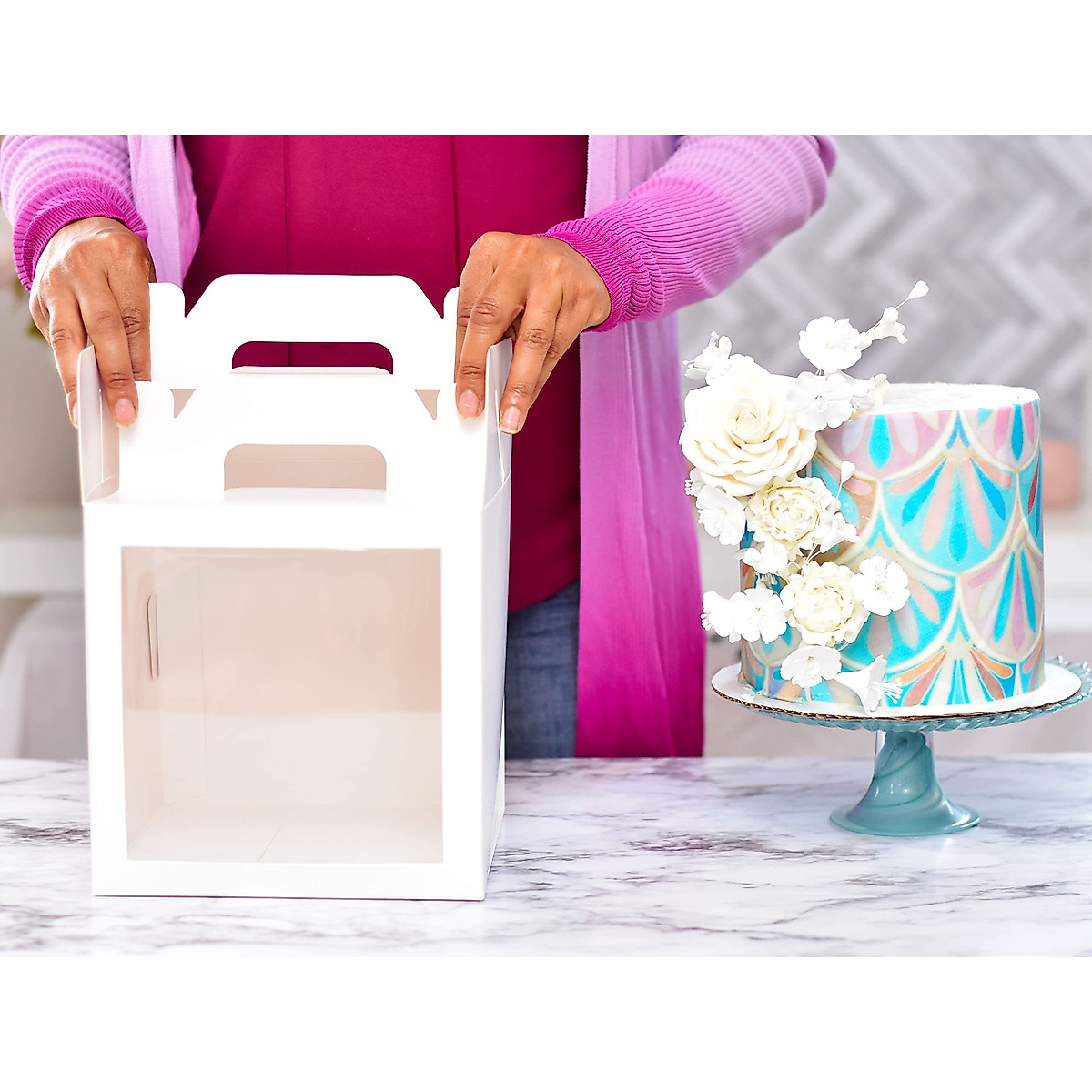 Gretel 25-Pack 8x8x8 in Cake Box for Tall Cakes With Window and Handle | 8 Inch Boxes | Disposable Cake Containers (25)