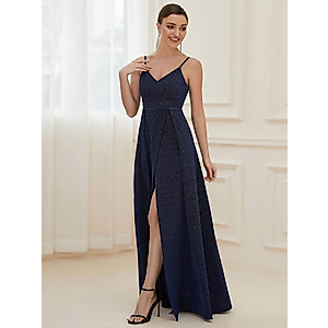 Ever-Pretty Women's Spaghetti Strap Summer V-Neck Formal Prom Evening Dress with Slit Navy Blue US6