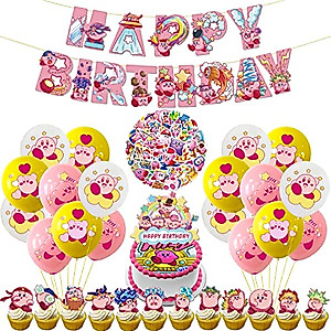 Kirby Birthday Party Decorations Supplies, 82 Pcs Cute Party Favors including Happy Birthday Banners, Balloons, Cake Toppers, Stickers, Party Favors for Girls' Birthday Party, Princess Party