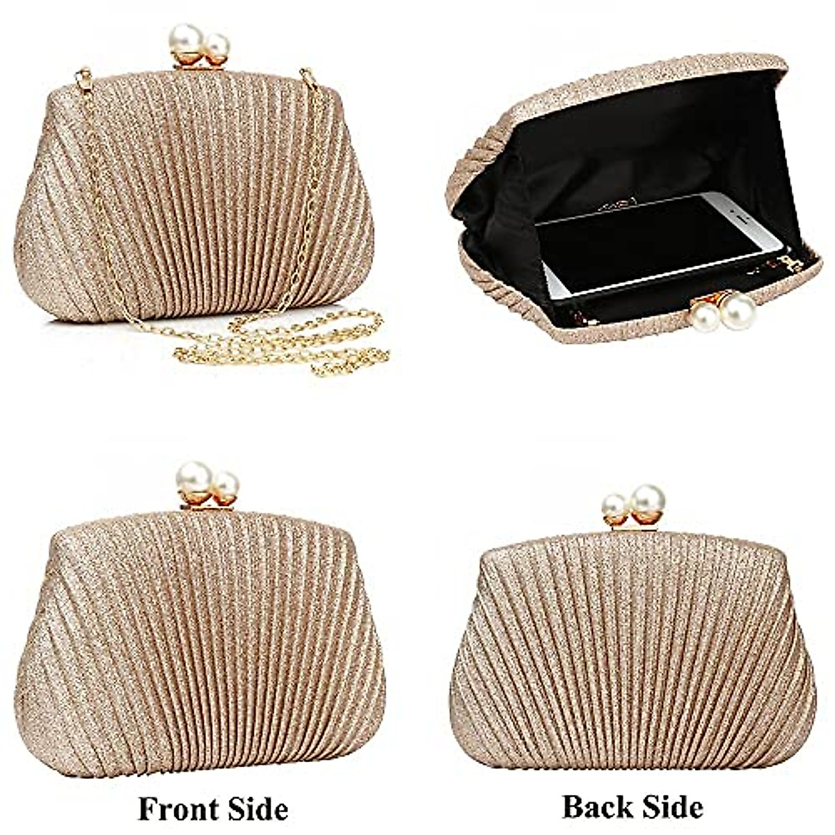 Womens Clutch Shell beads Evening Bag Wedding Bridal Prom Purse and Shoulder Handbag (Rose gold color)