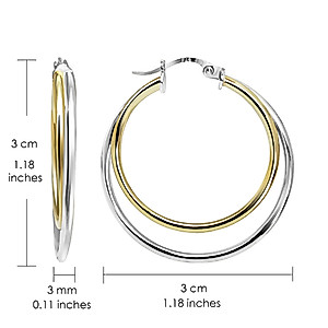 Sterling Silver Two-Tone Double Circle Round-Tube Polished Hoop Earrings, 30mm