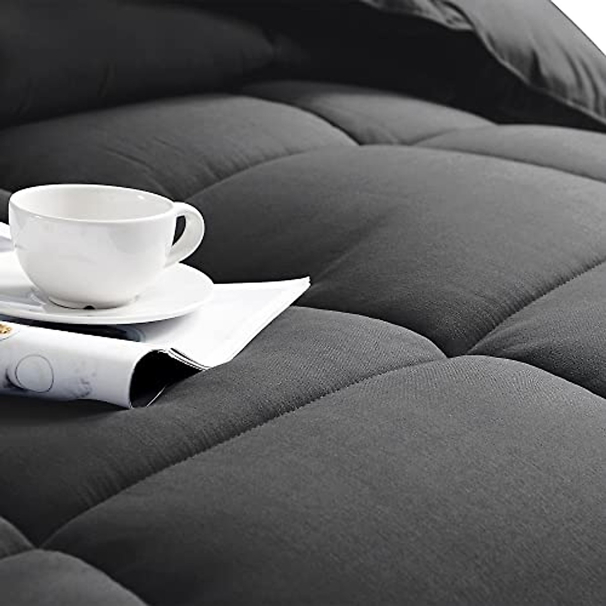 BEDHOURS Queen Comforter Set-3 Pieces Cooling Down Alternative Queen Size-All Season Reversible Comforter with 2 Pillow Sham (Dark Grey Queen)