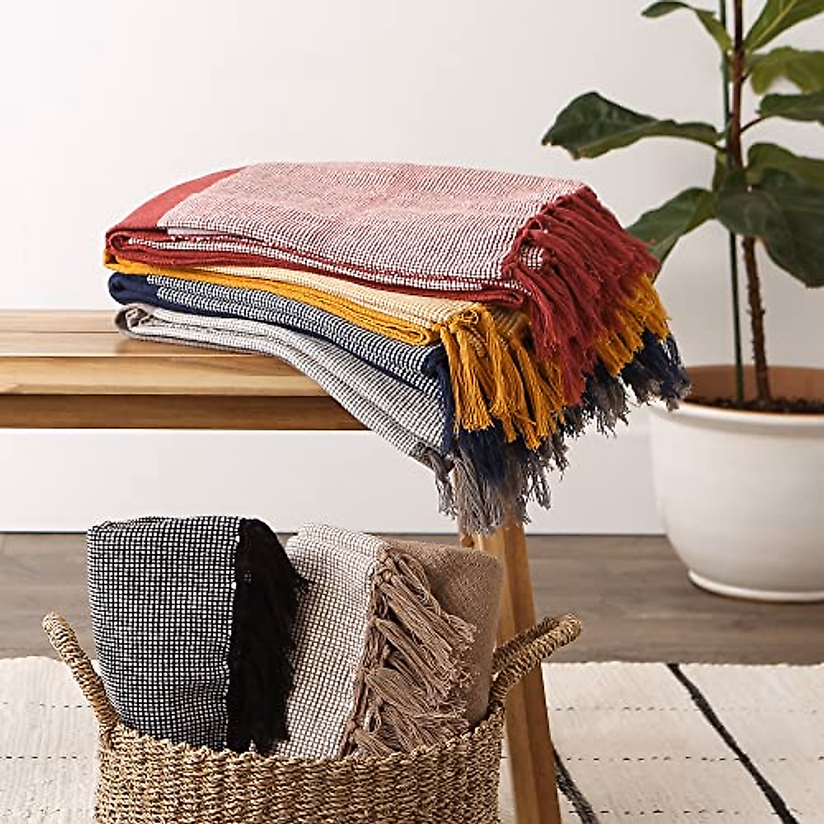 DII Striped Throw Collection Urban Cityscape Border, Barn Red