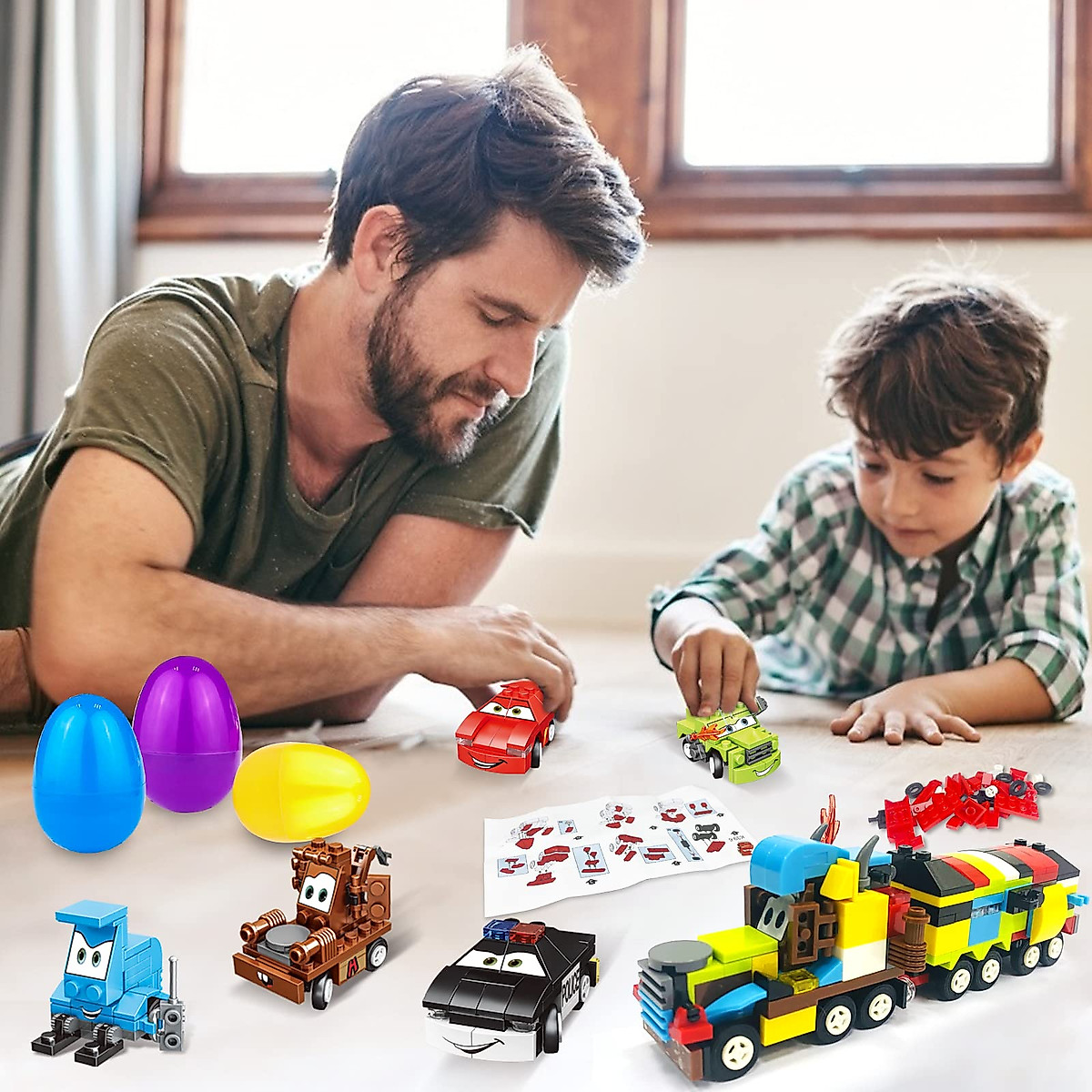 12 Pack 3" Large Filled Easter Eggs with Stem Toy Cars Kids Easter Basket Stuffers Plastic Surprise Egg Building Blocks 6 in 1 Transform Construction Vehicle Easter Toy Boys Girl Egg Hunt