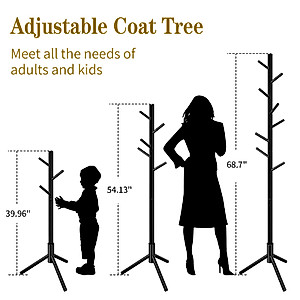 COLAPOO Wooden Tree Coat Rack Stand - 3 Adjustable Sizes 8 Hooks - Corner Coat Rack Freestanding for Office Entryway Bedroom Hall Tree Coat Hanger for Jacket Hat Clothes (Black)