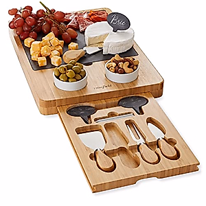 Casafield Organic Bamboo Cheese Board Gift Set - Wooden Charcuterie Platter Serving Tray for Meat, Fruit and Crackers - Slate Board, 2 Ceramic Bowls, 4 Stainless Steel Knives, Slate Labels and Chalk