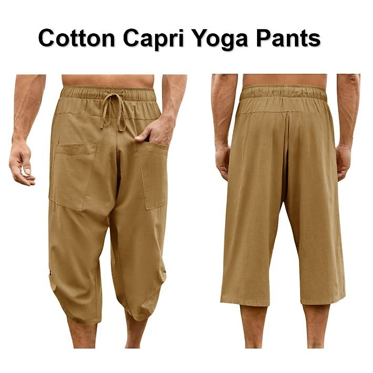 Gafeng Mens Linen Harem Capri Pants Drawstring 3/4 Shorts Casual Beach Yoga Hippie Thai Pants