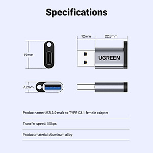 UGREEN 10Gbps USB C Female to USB Male Adapter Type C to USB A Charger Cable Converter Compatible with Apple Watch iPhone 15 14 13 AirPods 3 MacBook Samsung Galaxy Google Pixel etc Gray
