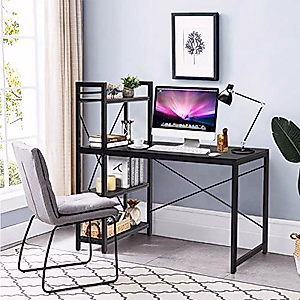 Tangkula Computer Desk with 4 Tier Shelves, Study Writing Table with Storage Bookshelves, Modern Compact Home Office Workstation, 47.5" Tower Desk with Steel Frame & Adjustable Feet Pad, Black