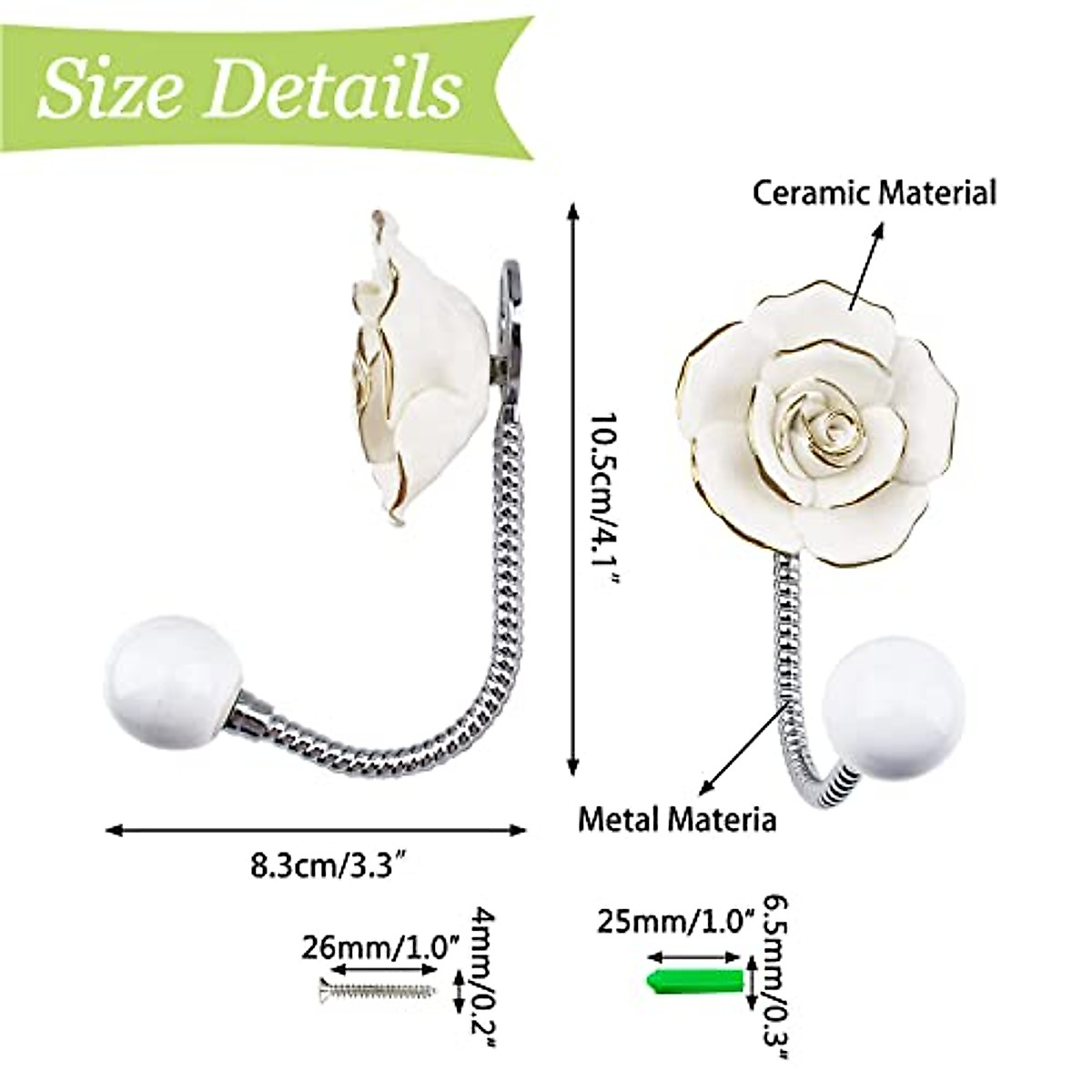 UFURMATE Coat Hooks, 2Pcs 3D Flower Ceramic Wall Coat Hook Decorative Flower Wall Mounted Robe Hook Bathroom Rose Rack Hangers for Hanging Scarf, Bag, Towel, Hat (Light Yellow Rose)