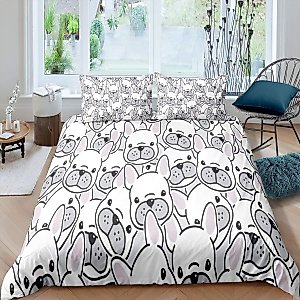 Dog Bedding Set French Bulldog Duvet Cover for Kids Boys Girls Cartoon Pet Dog Animal Print Comforter Cover Cute Bulldog Puppy Face Doodle Decor Bedspread Cover with 1 Pillowcase 2Pcs Bedding Twin